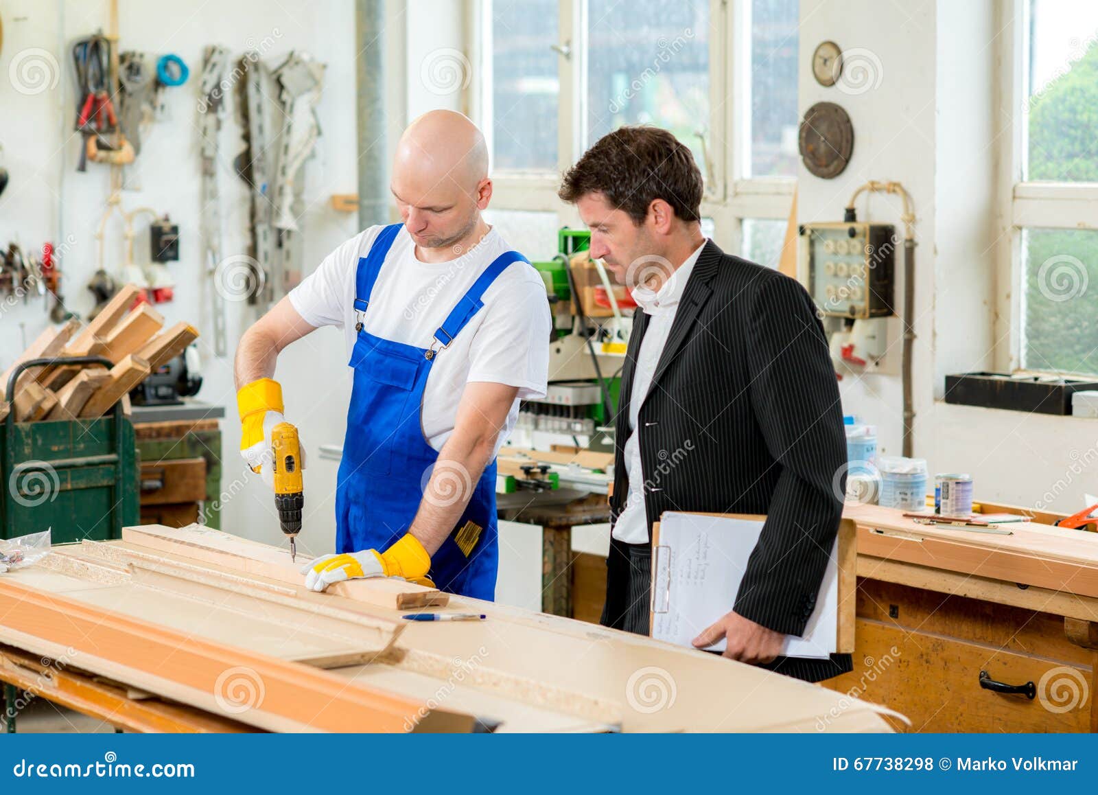 Boss and Worker in Carpenter S Workshop Stock Photo - Image of wood ...