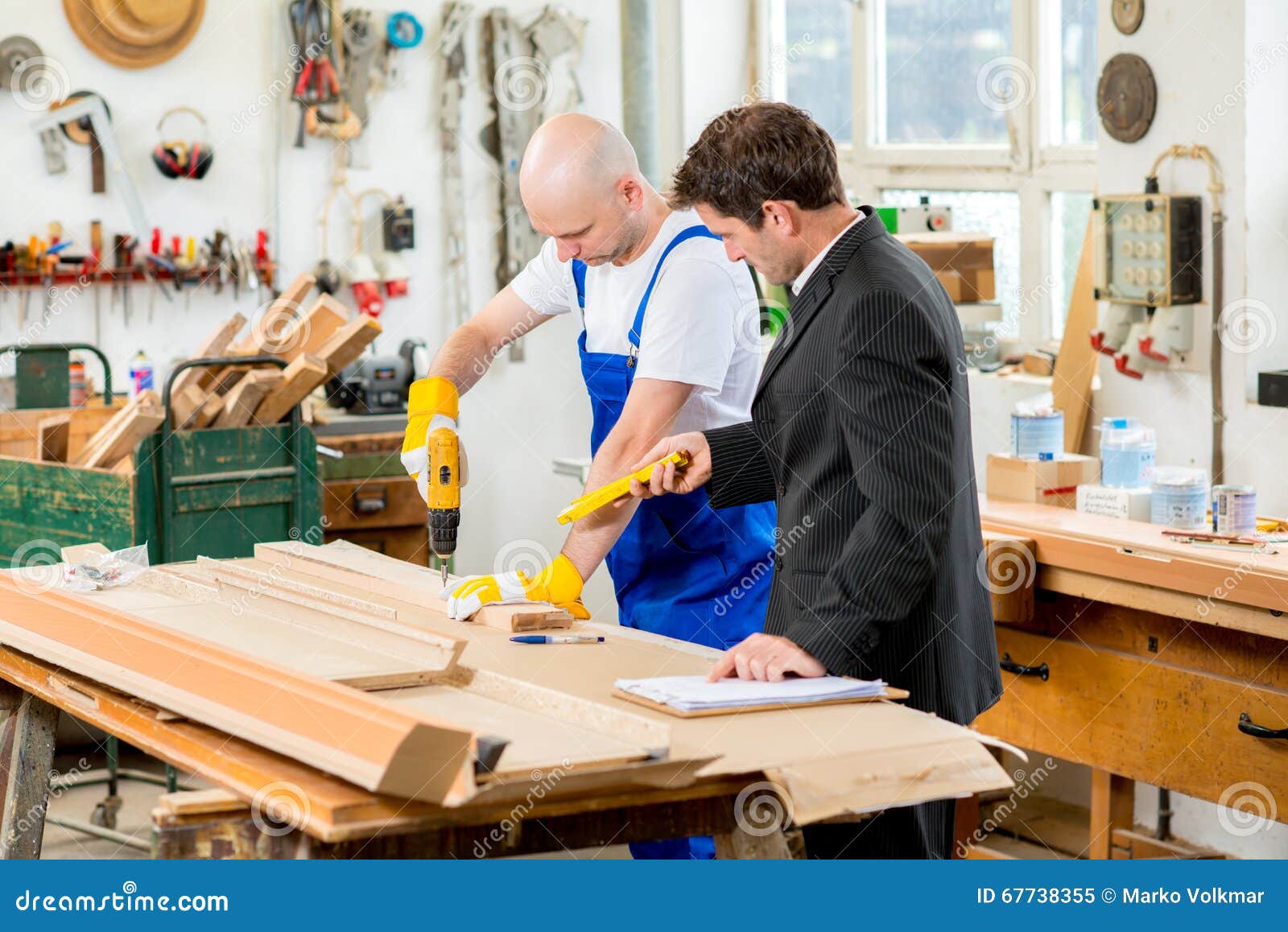 Boss and Worker in Carpenter S Workshop Stock Image - Image of workshop ...