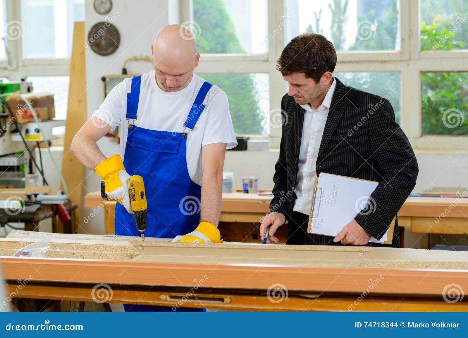Boss and Worker in a Carpenter S Workshop Stock Photo - Image of plant ...