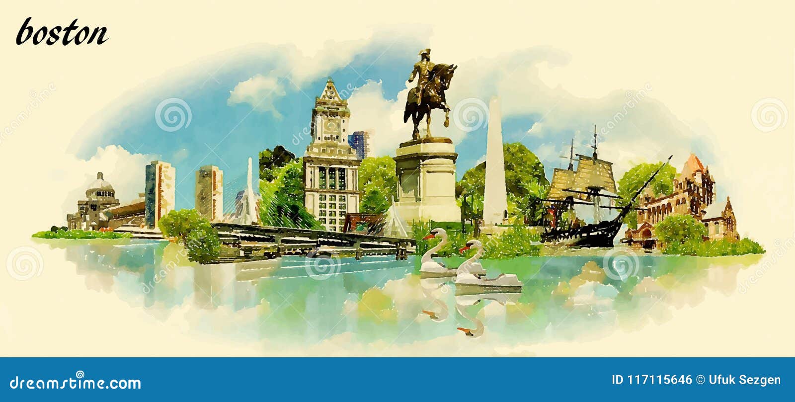 BOSTON City Water Colour Vector Panoramic Illustration Stock Vector ...