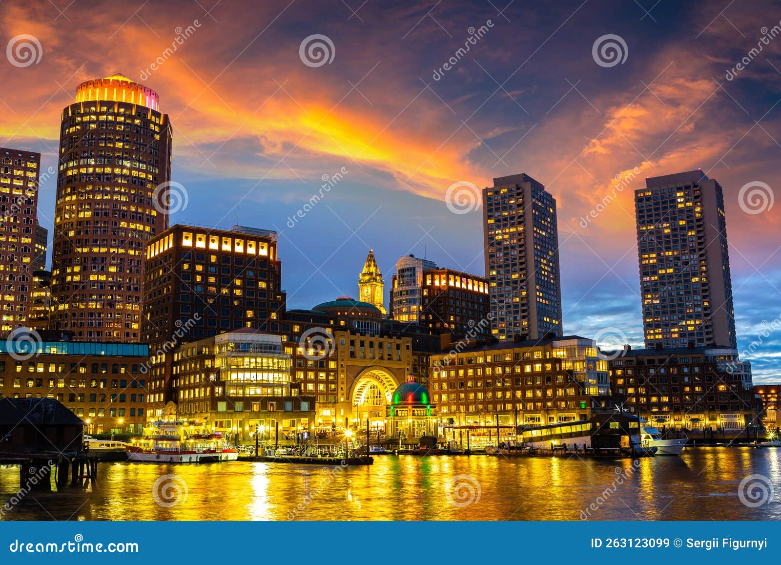Boston cityscape at night stock image. Image of evening - 263123099