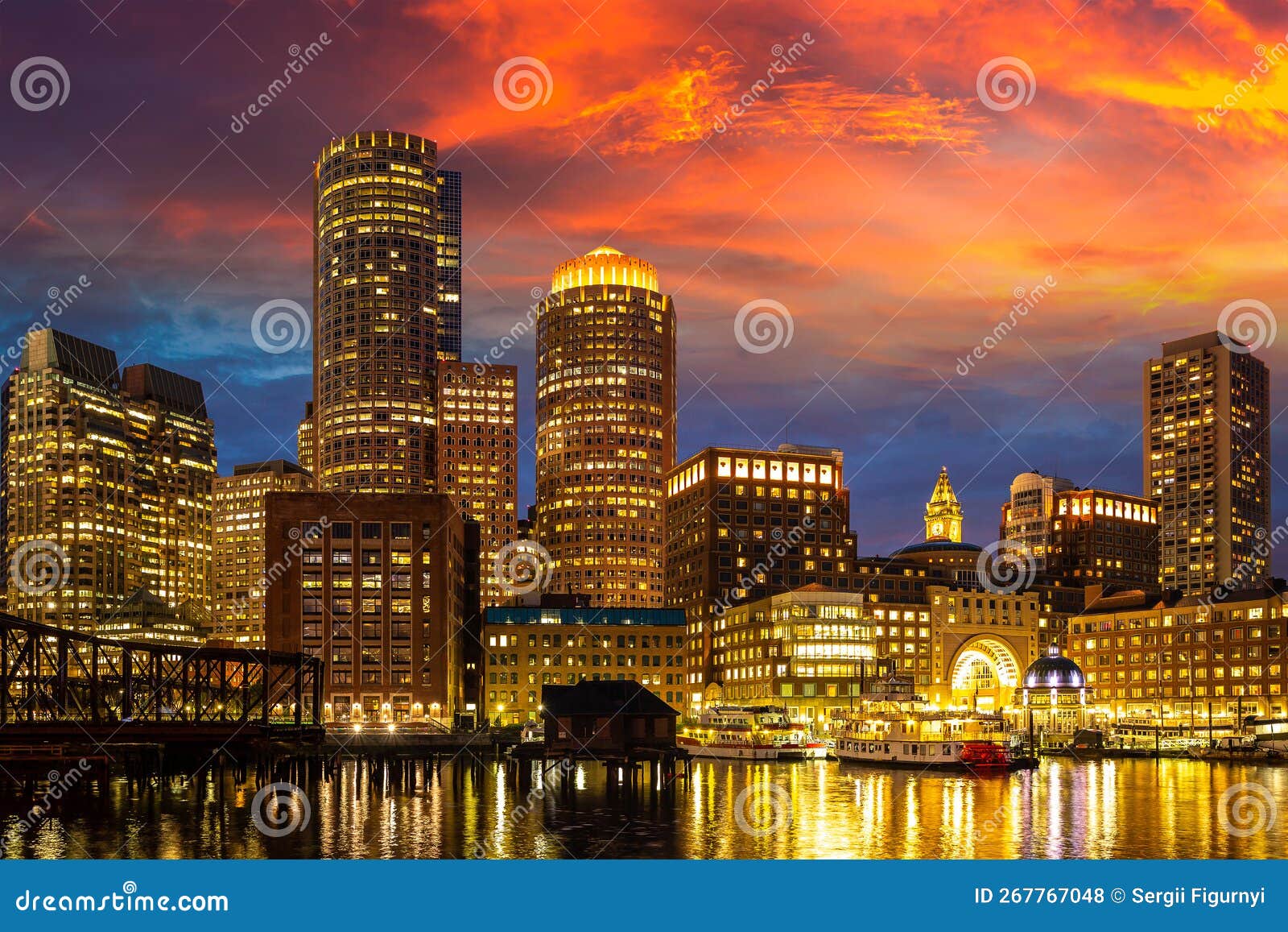 Boston cityscape at night stock photo. Image of landmark - 267767048