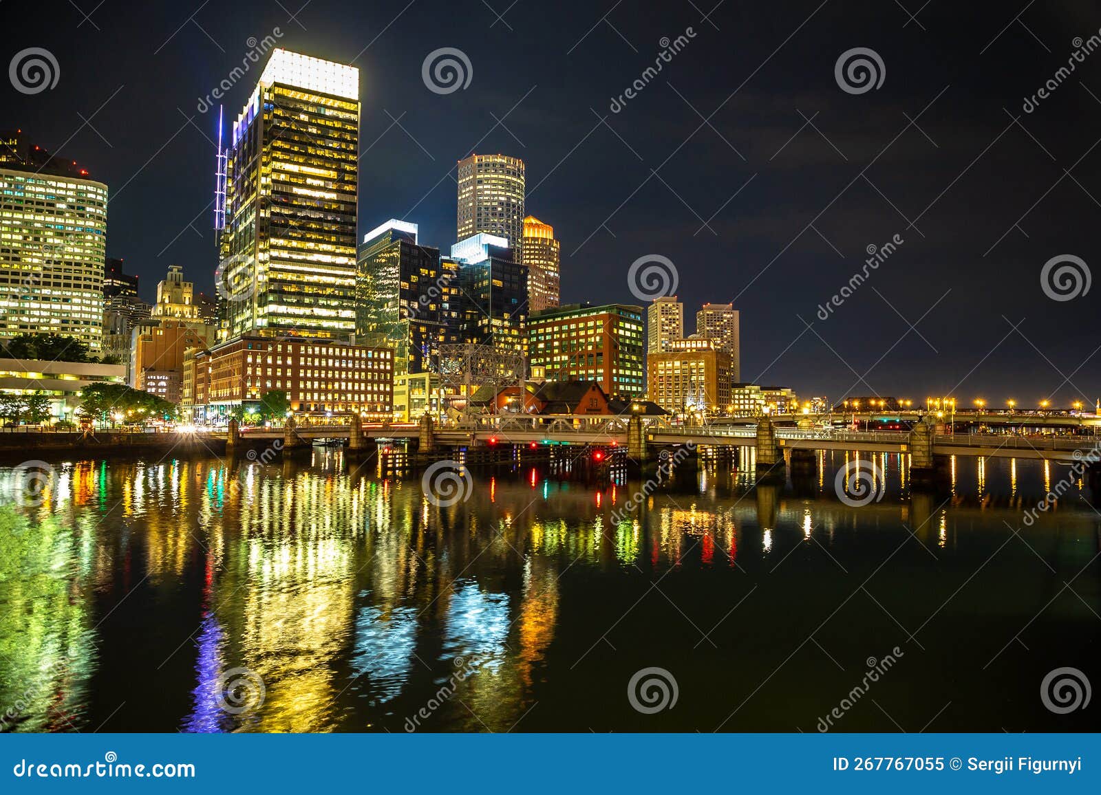 Boston cityscape at night stock image. Image of business - 267767055
