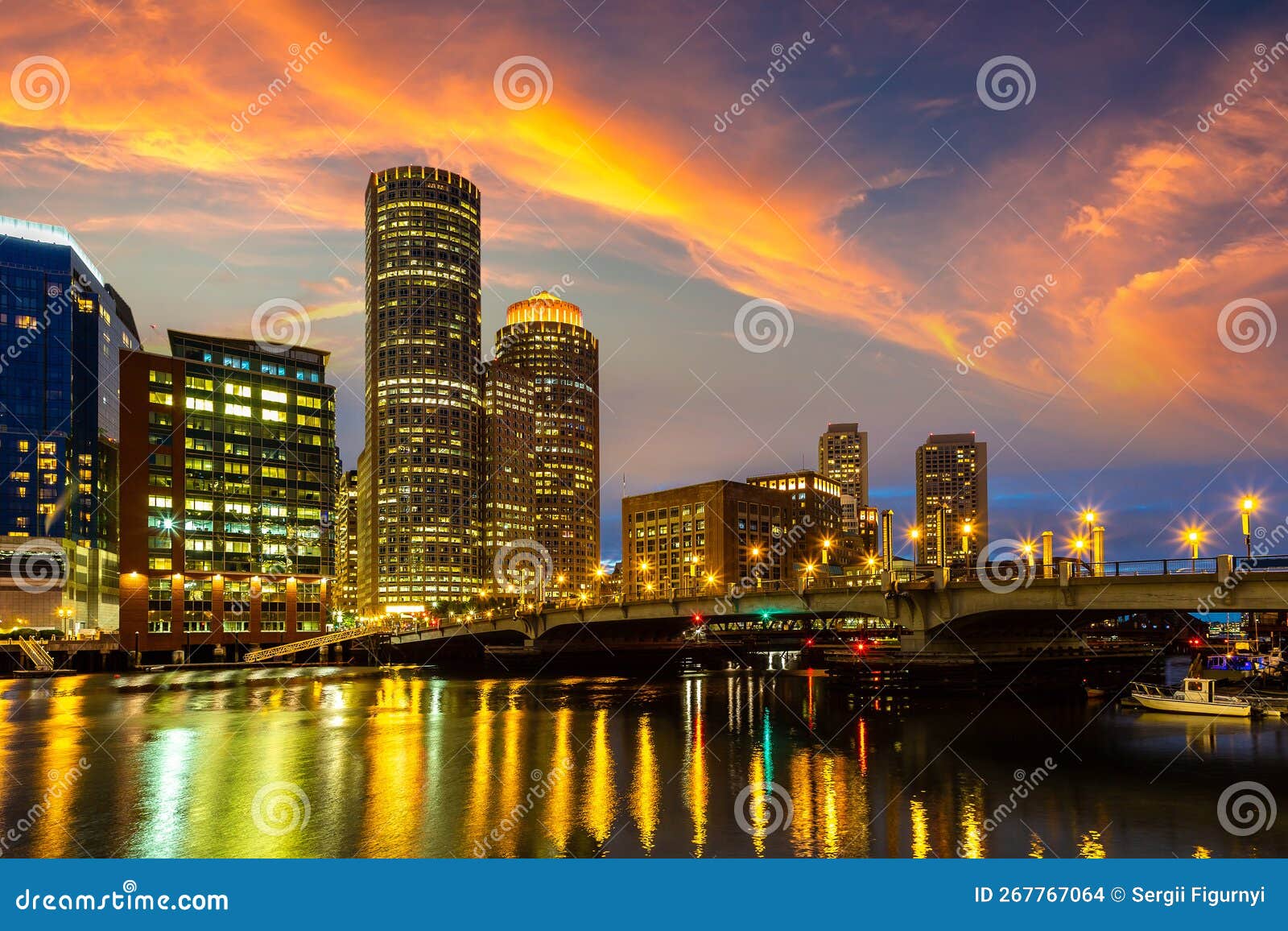 Boston cityscape at night stock photo. Image of pier - 267767064