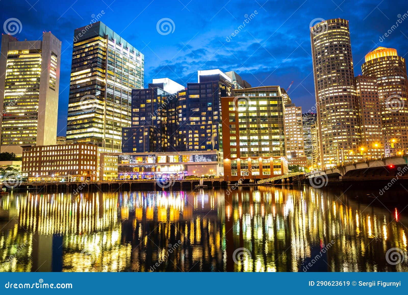 Boston cityscape at night stock image. Image of cityscape - 290623619