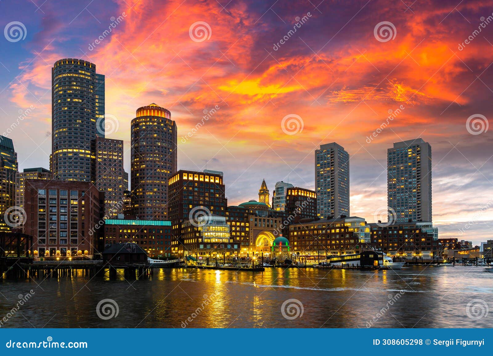 Boston cityscape at night editorial stock photo. Image of view - 308605298