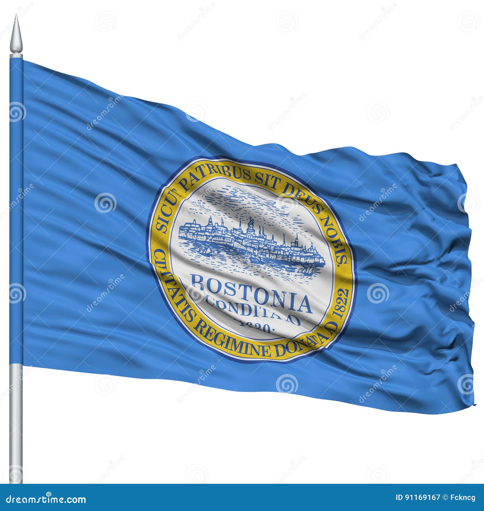 Boston Flag on Flagpole, Waving on White Background Stock Illustration ...