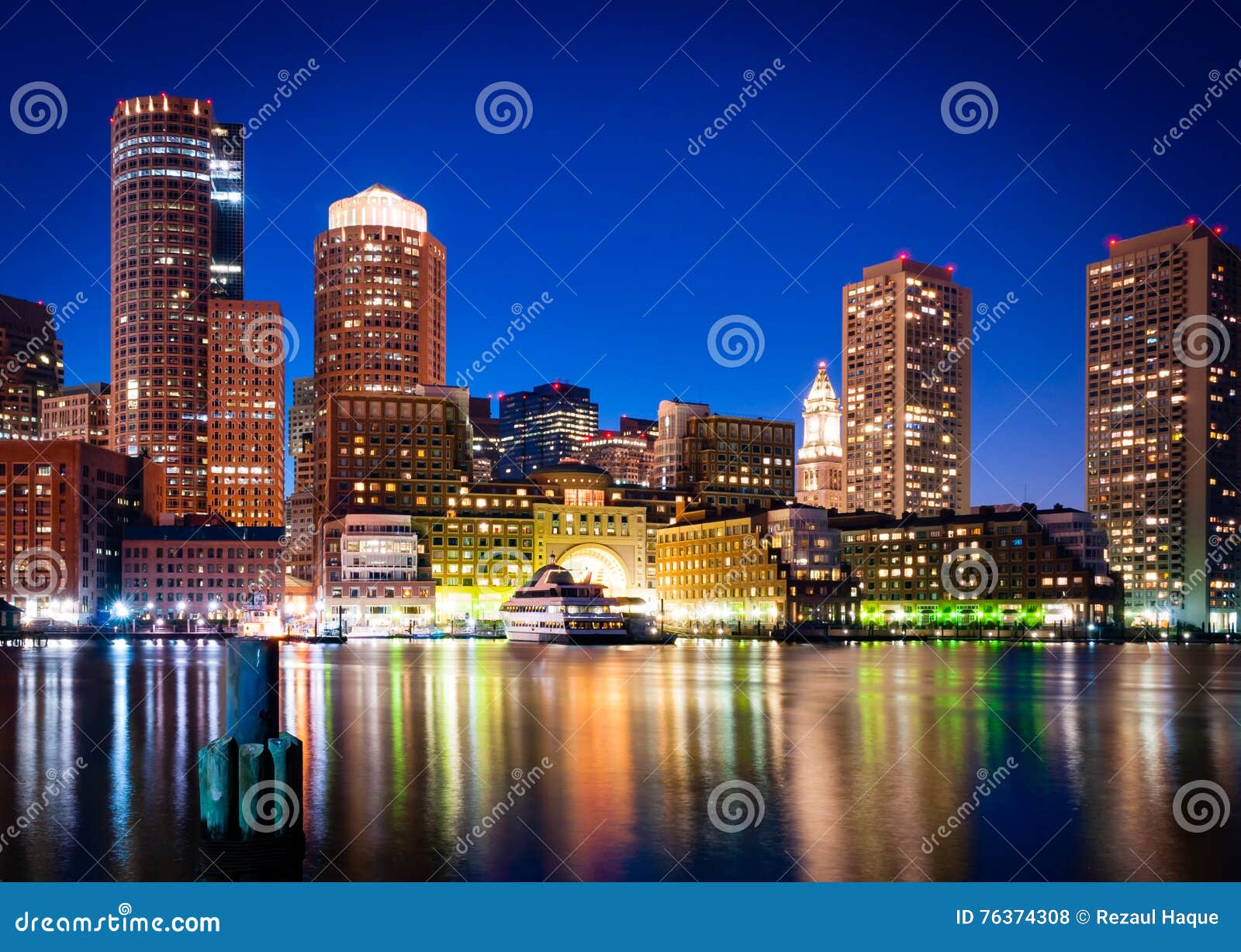 Boston Harbor at Night stock photo. Image of night, buildings - 76374308