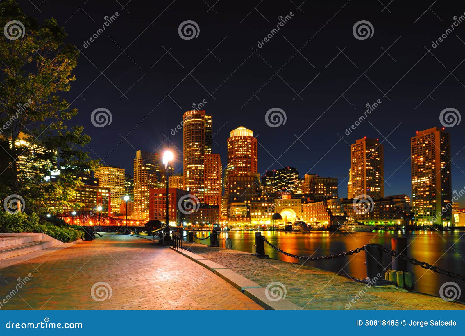Boston Harborwalk at Night stock image. Image of city - 30818485