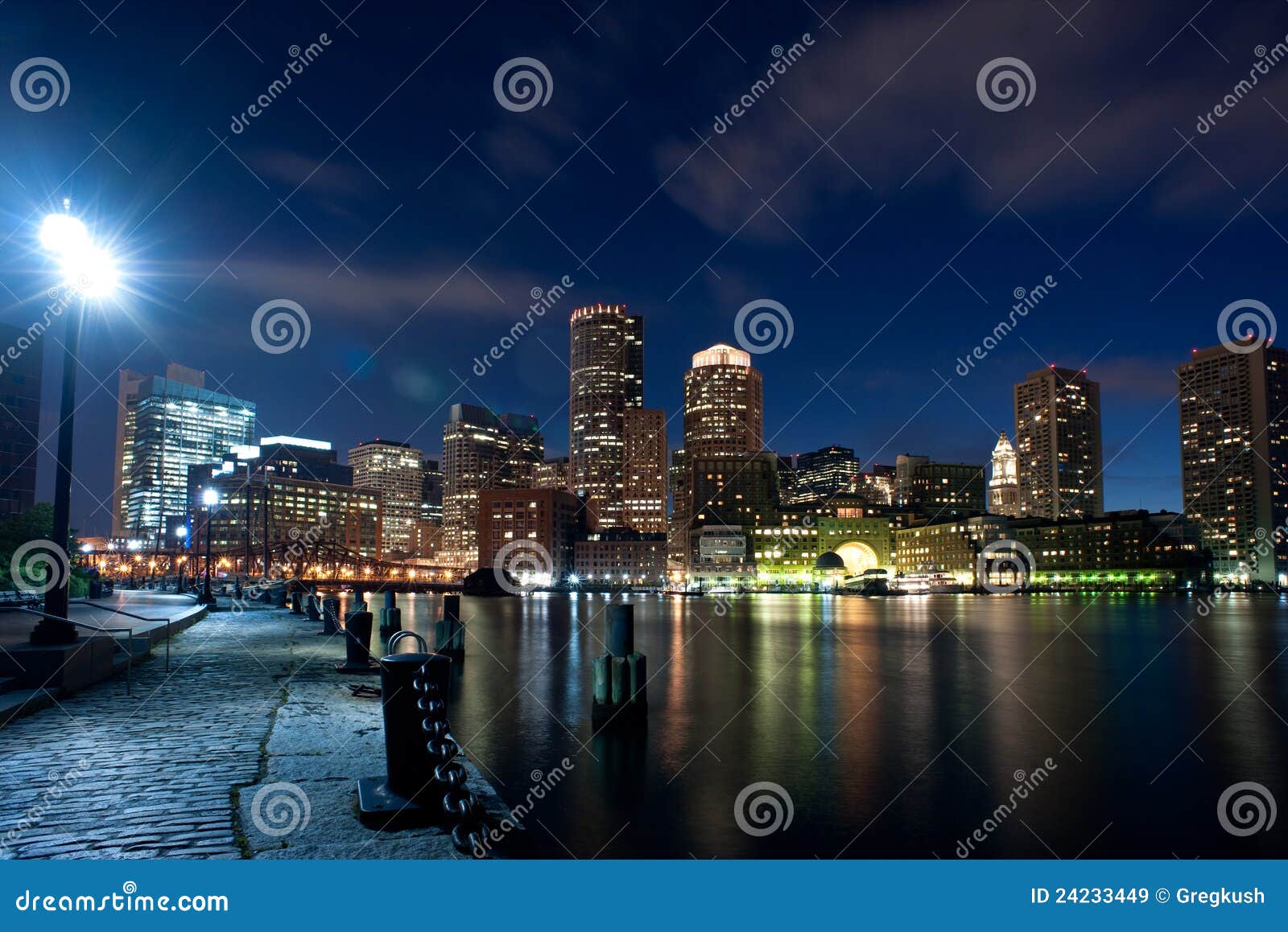 Boston S Waterfront Area at Night in Horizontal Stock Image - Image of ...