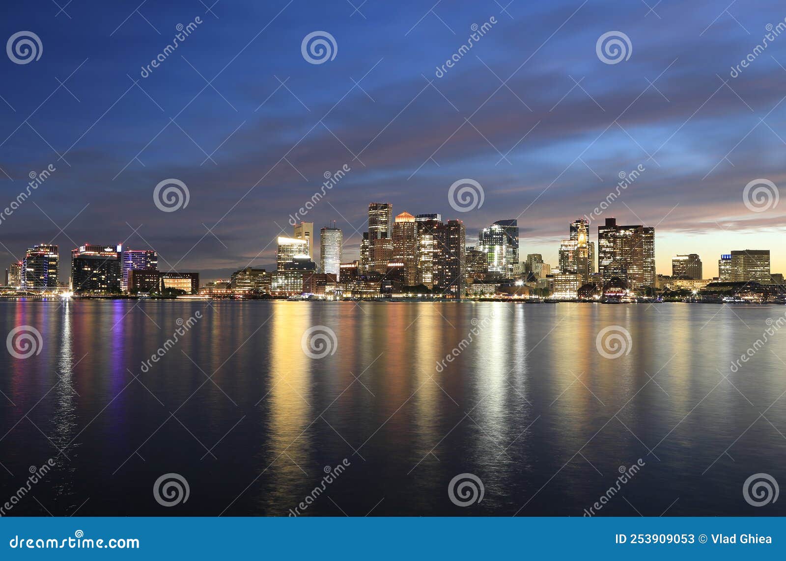 Boston Skyline and Harbor at Dusk with Atlantic Ocean Stock Image ...