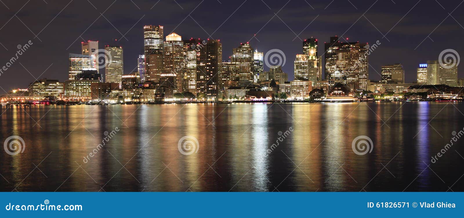 Boston Skyline at Night, Inner Harbor Stock Image - Image of ...