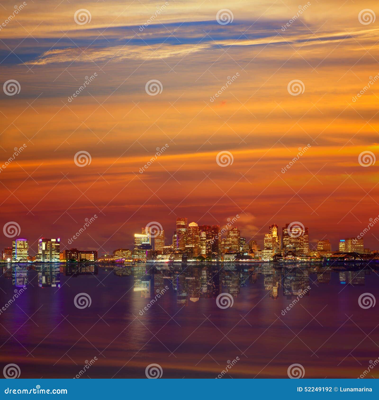 Boston Skyline at Sunset and River in Massachusetts Stock Photo - Image ...
