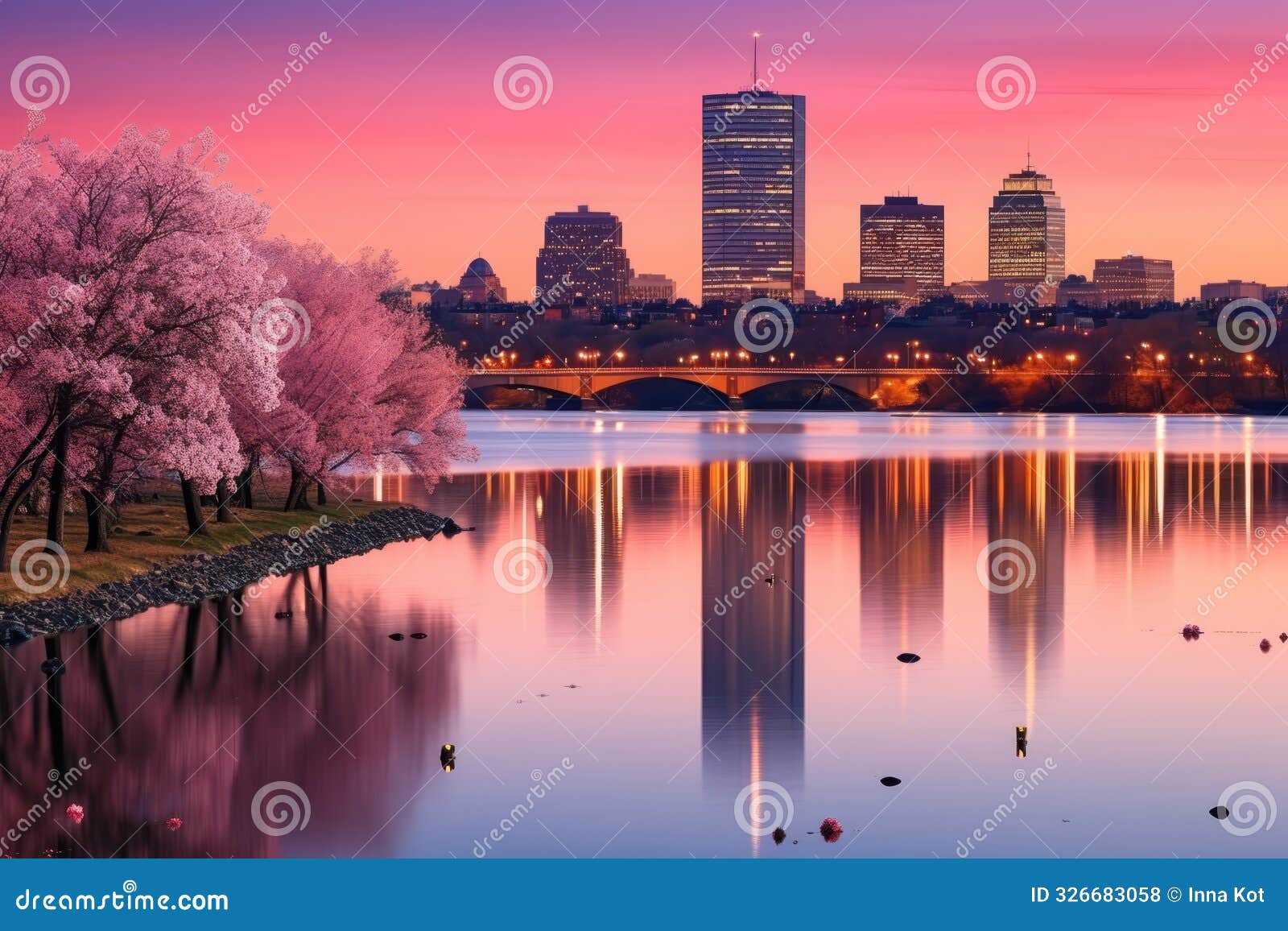 Boston Skyscraper Illuminated by April Pink Moonlight on the Night ...