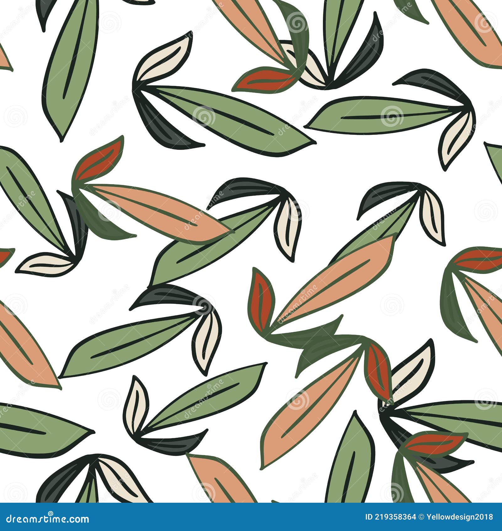 Botanic Isolated Seamless Pattern with Pink and Green Leaf Outline ...