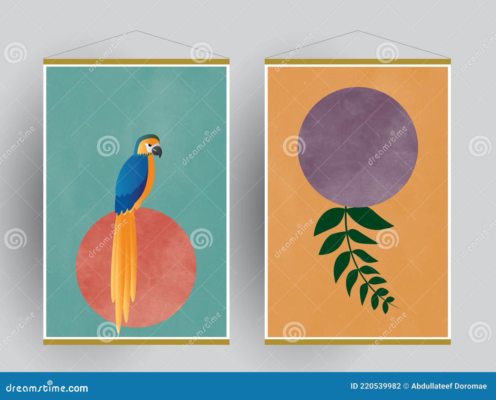 Botanical Boho Background Vector Set with Parrot and Leaf. Stock Vector ...
