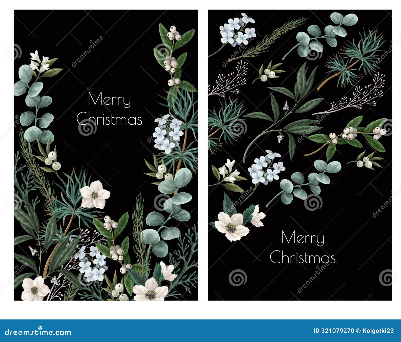 Botanical Christmas Cards with Flowers and Leaves. Vector. Stock ...
