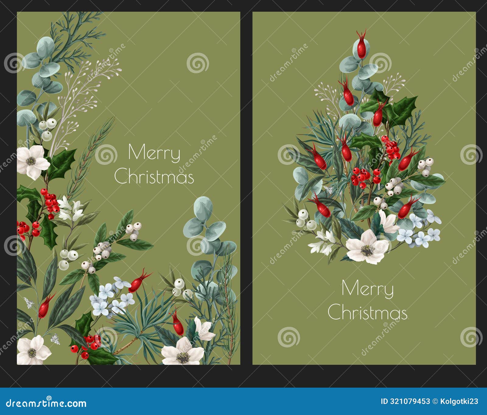 Botanical Christmas Cards with Flowers and Leaves. Vector. Stock ...