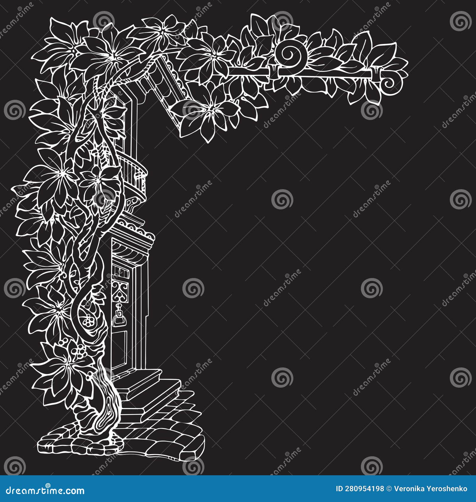 Botanical Corner Pattern with Tropical Plants. Outline Hand-drawn ...