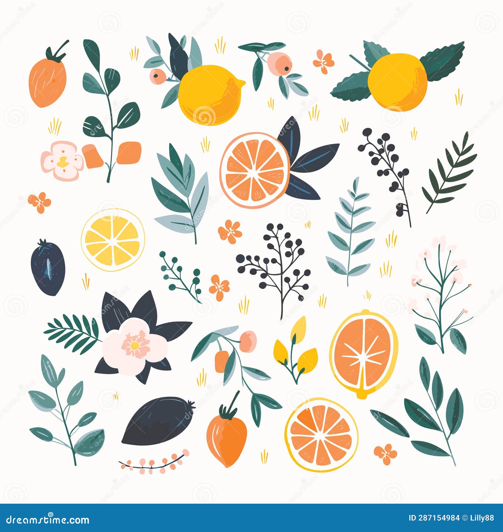Botanical Elements, Including Fruit, Flowers, and Leaves. Stock ...