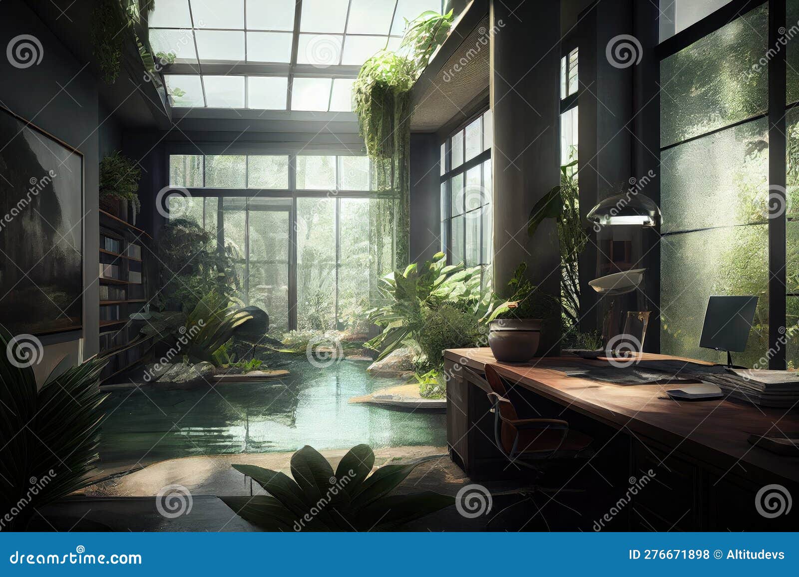Botanical Garden Office with Lush Greenery, Water Features, and Natural ...