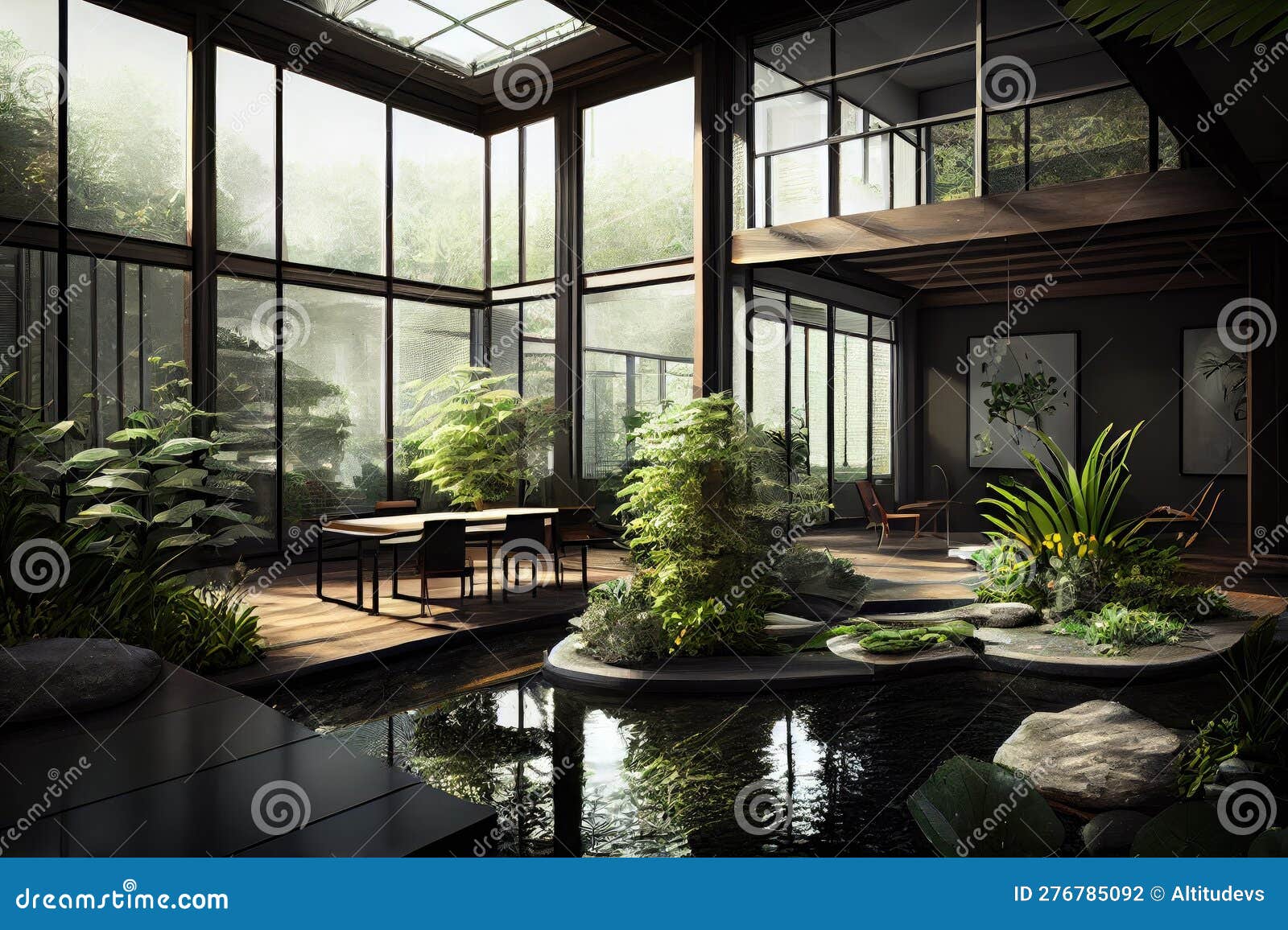 Botanical Garden Office with Lush Greenery, Water Features, and Natural ...