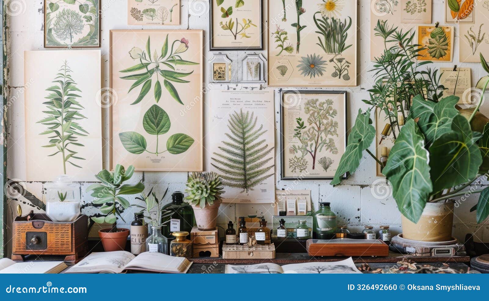 Botanical Illustration Studio with Vintage Flair and Greenery Stock ...