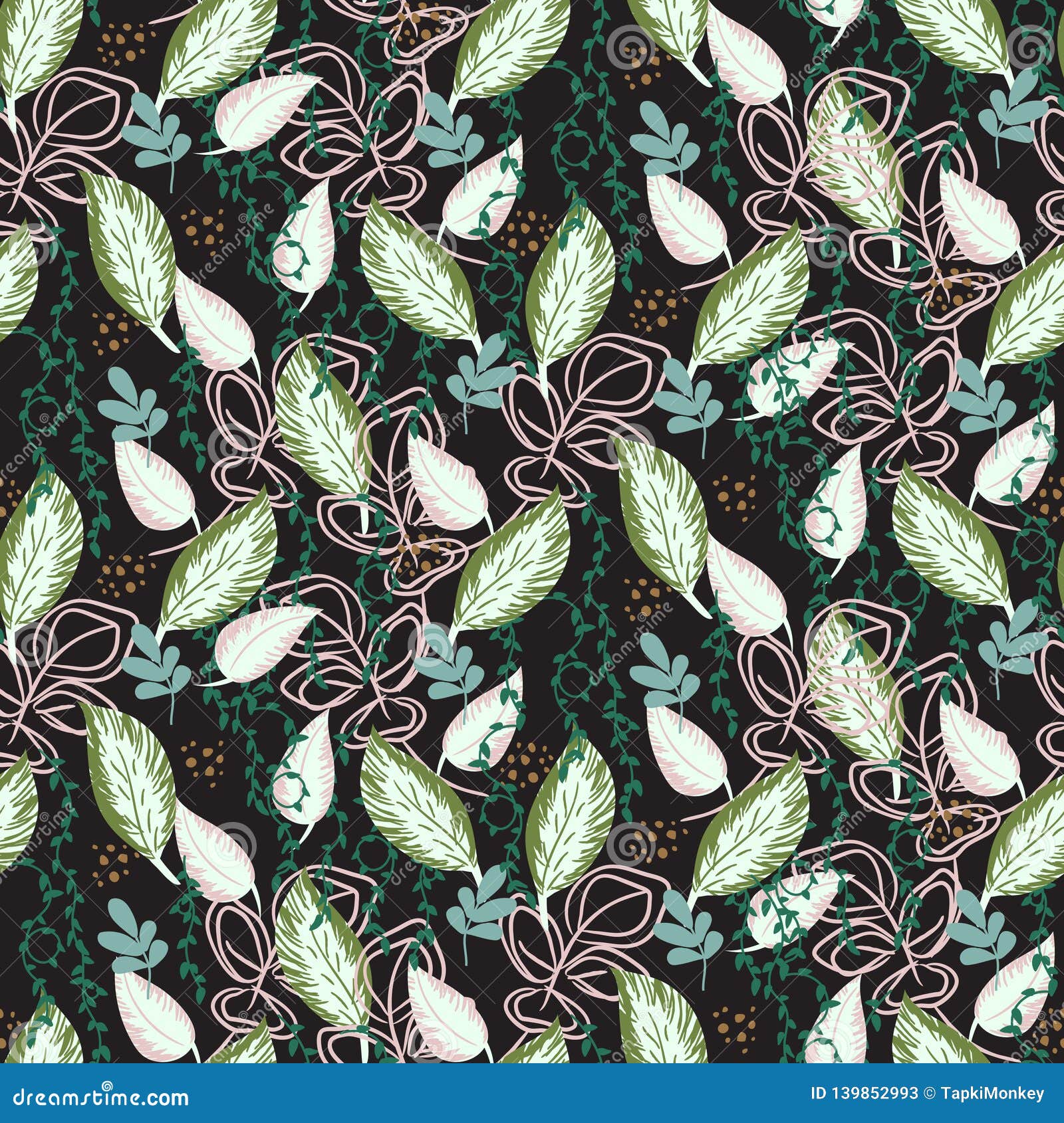 Botanical Plants Seamless Vector Pattern. Greenery Repeat Black Print ...