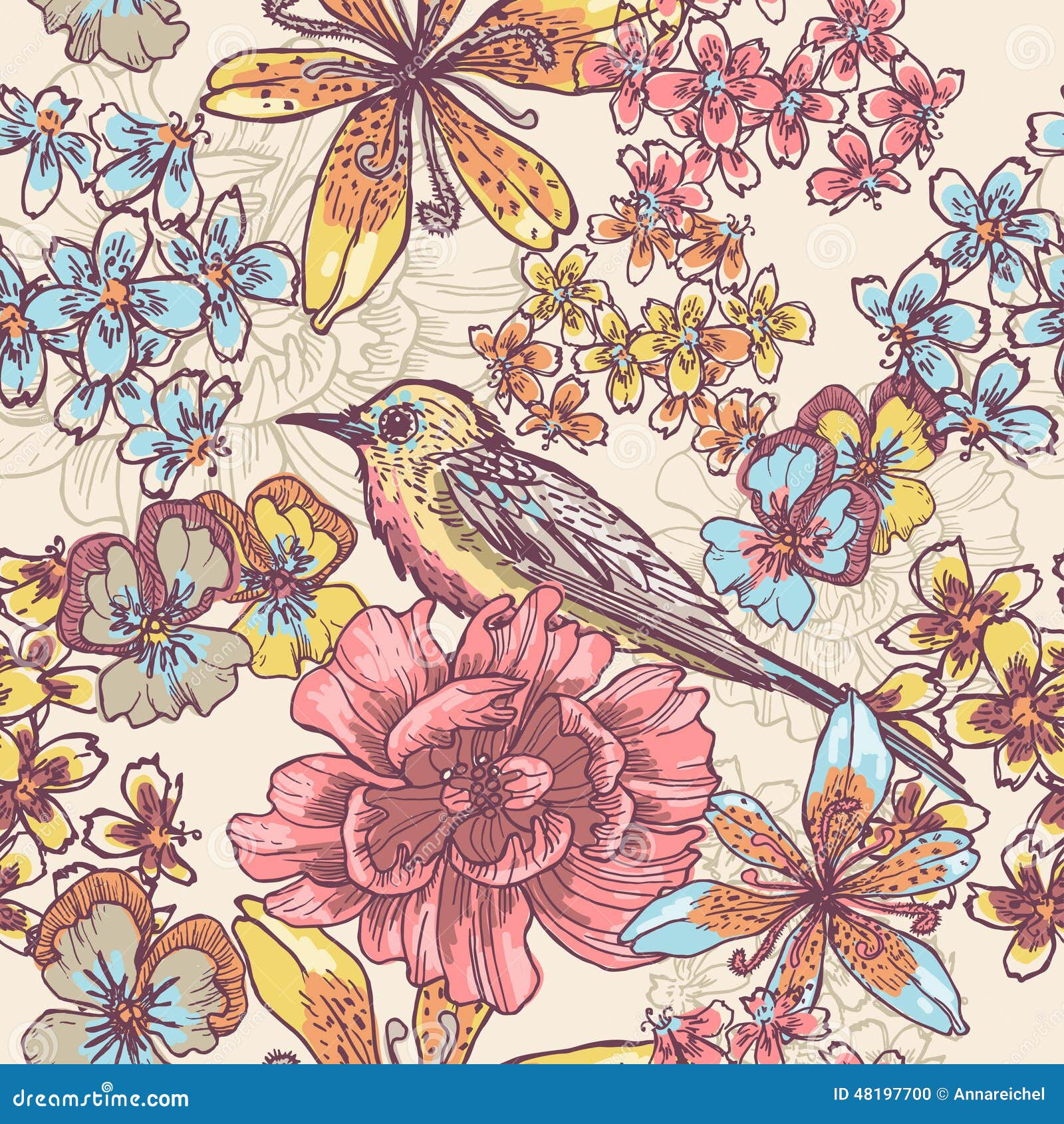 Botanical Seamless Pattern with Bird Stock Vector - Illustration of ...