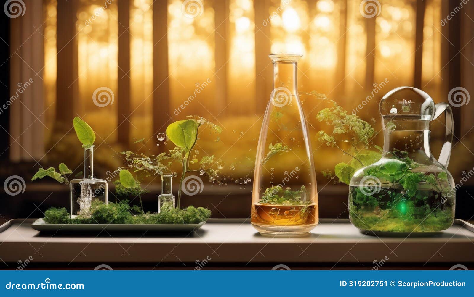 Botanical Studies with Flasks and Forest Background Stock Image - Image ...