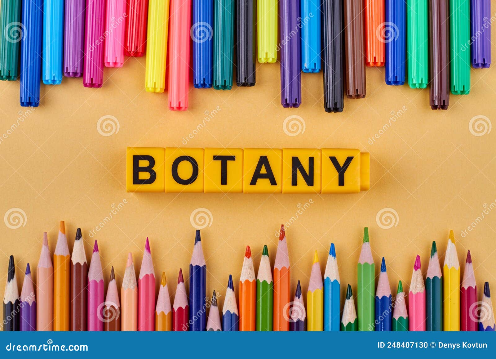 Botany Word Made from Plastic Cubes in Frame from Colored Pencils and ...