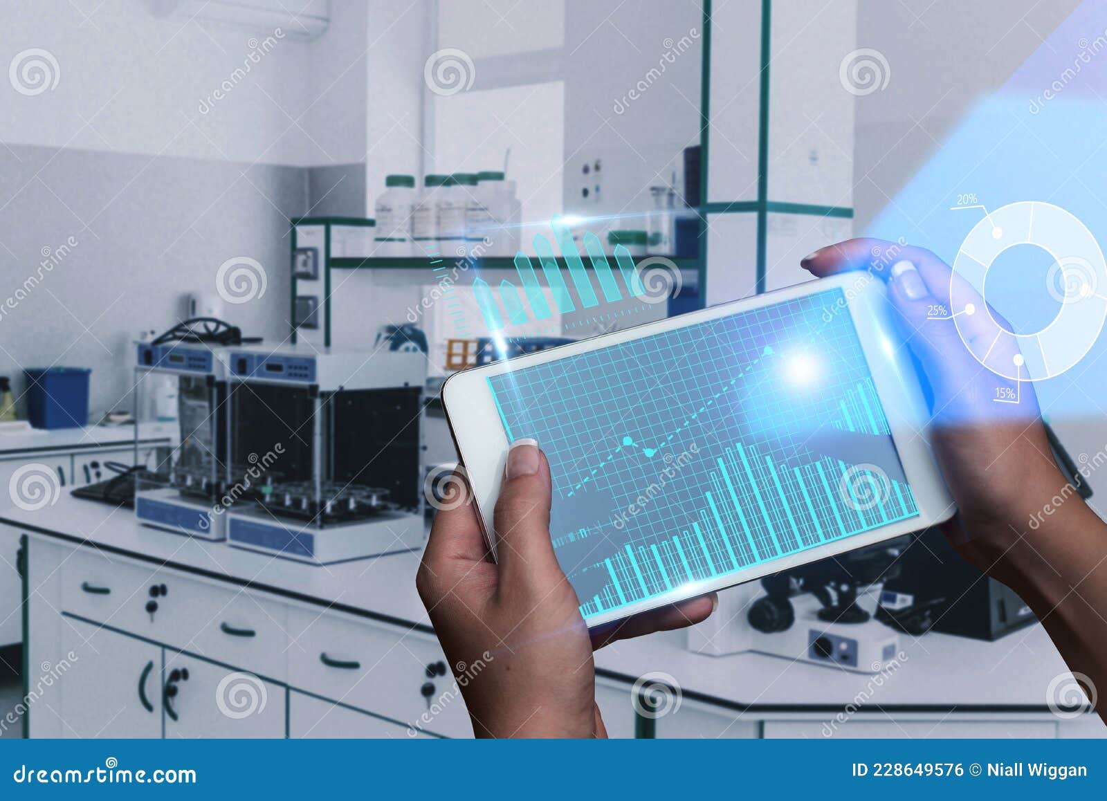 Both Hands Holding a Mobile Phone in Laboratory Showing Futuristic ...