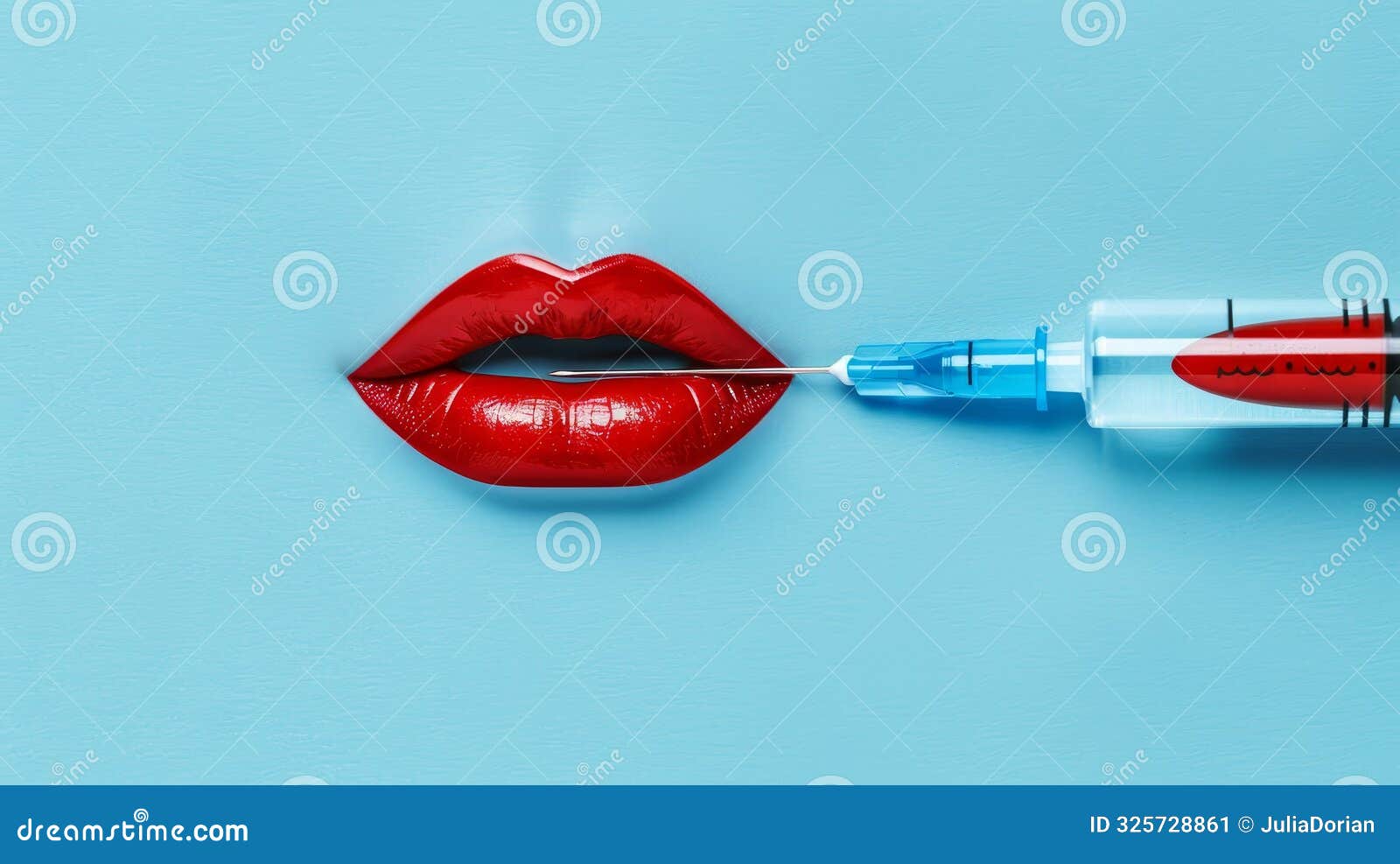 Botox Injection in Lips Syringe on Blue Background, Top View with Ample ...