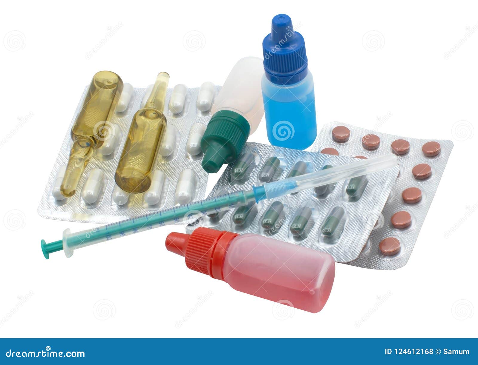 Bottiglie Mediche Delle Pillole, Della Siringa E Della Plastica Isolate ...