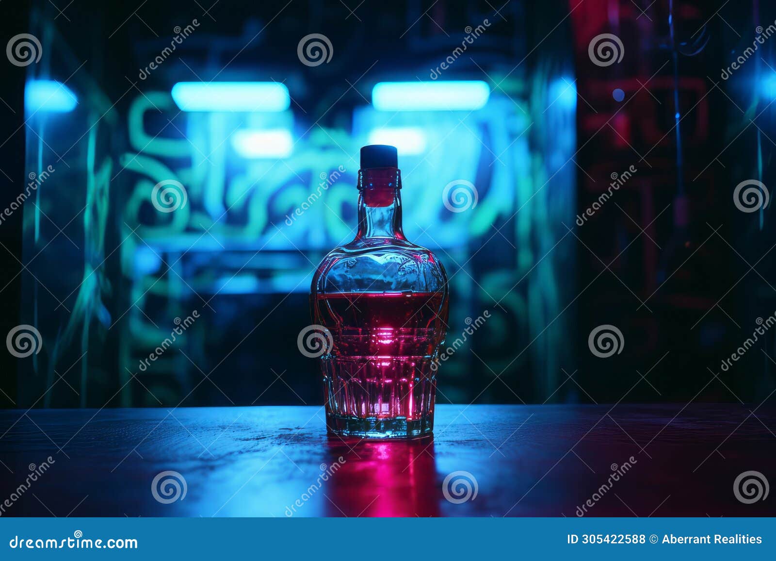 A Bottle of Alcohol Sitting on a Table with Neon Lights Stock ...