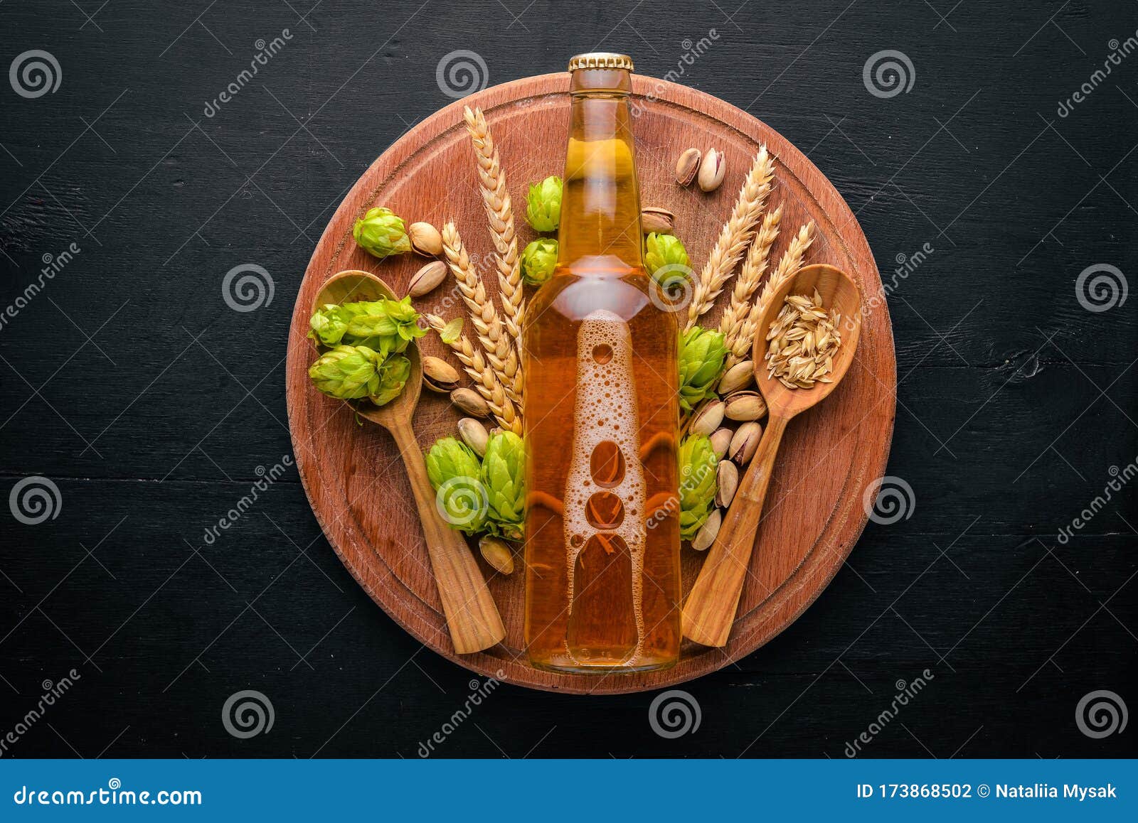 A Bottle of Beer, Hops and Grain. Stock Photo - Image of background ...