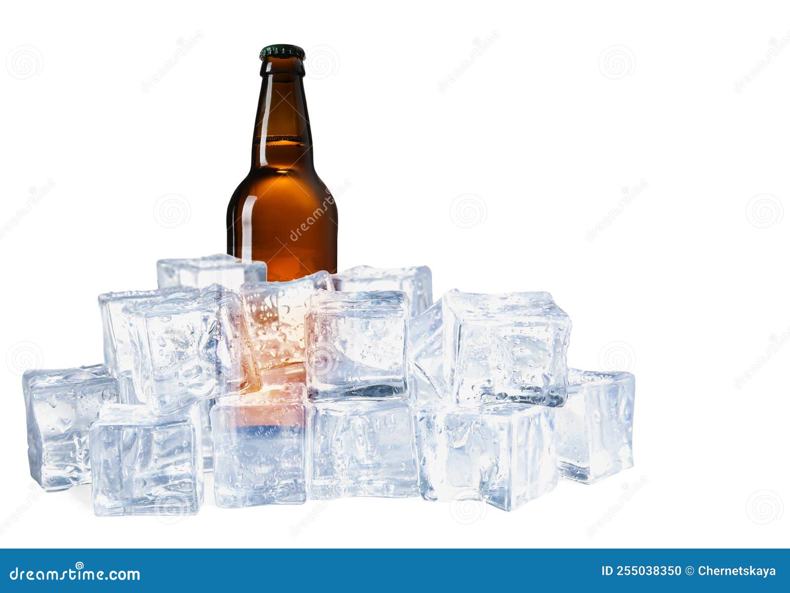 Bottle of Beer and Ice Cubes Isolated on White Stock Photo - Image of ...