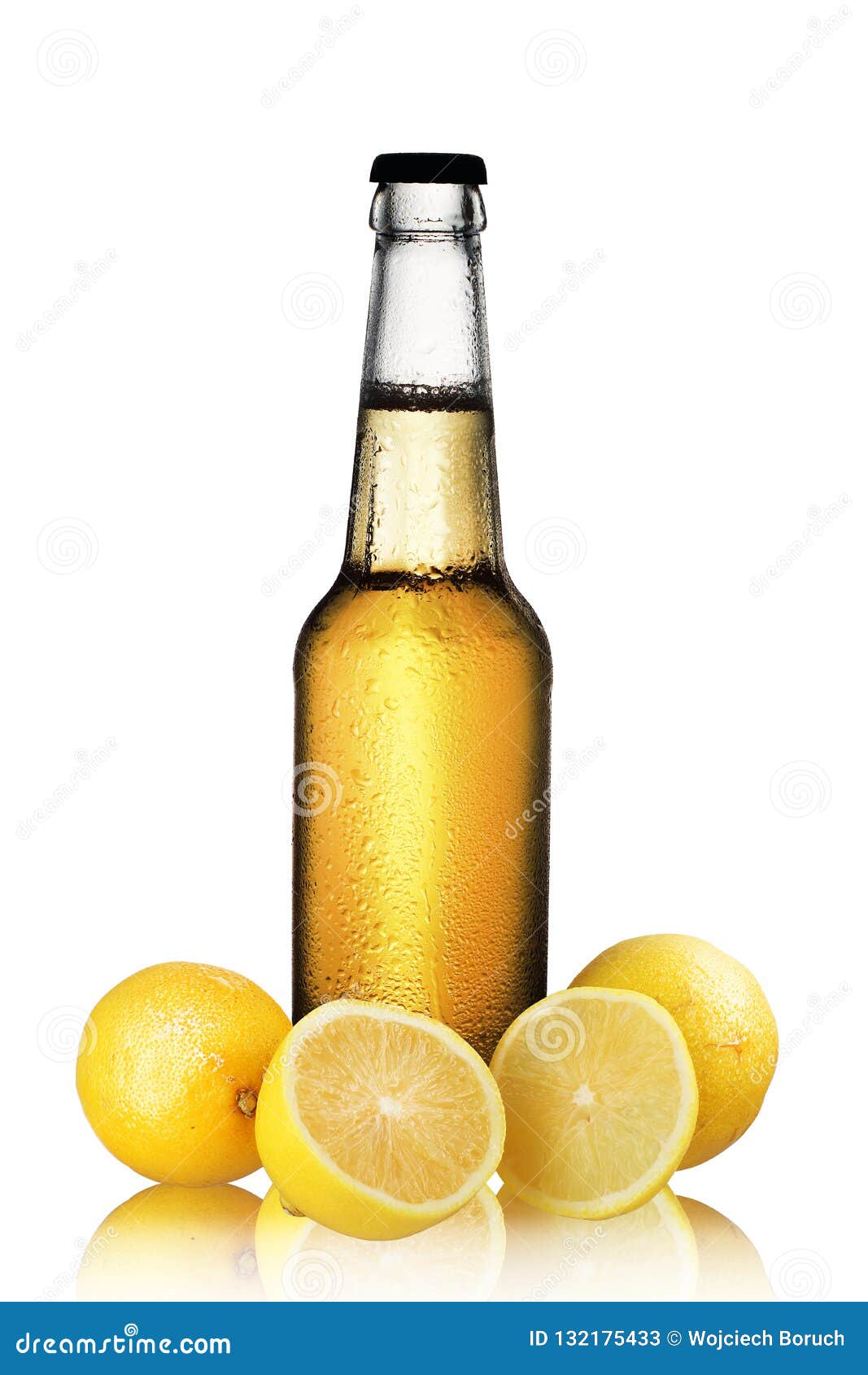 Bottle of beer with lemons stock image. Image of opened - 132175433