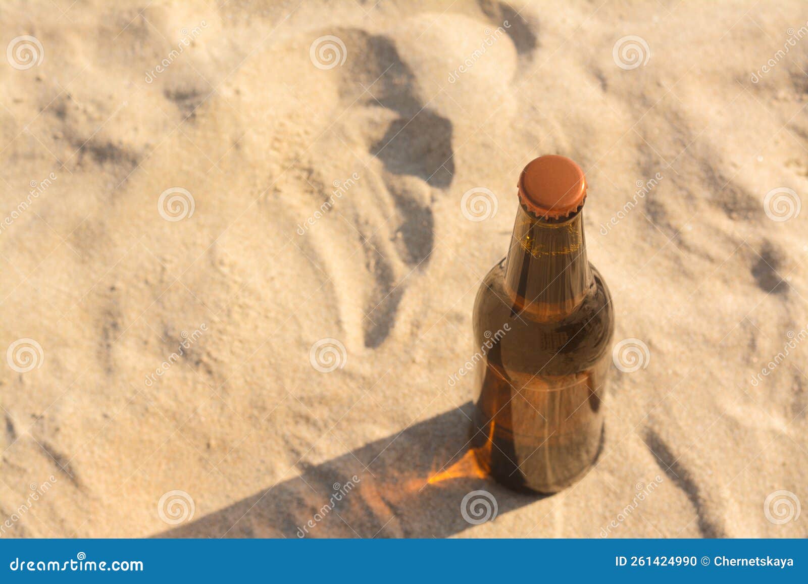 Bottle of Beer on Sandy Beach, Above View. Space for Text Stock Photo ...