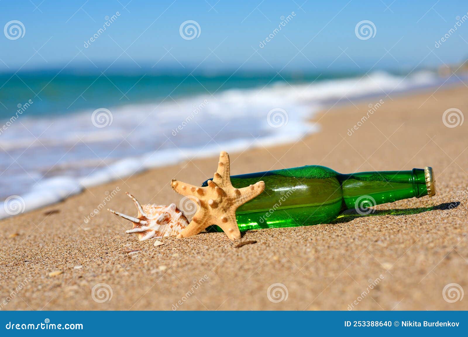 A Bottle of Beer and Shells on a Sandy Seashore Stock Photo - Image of ...