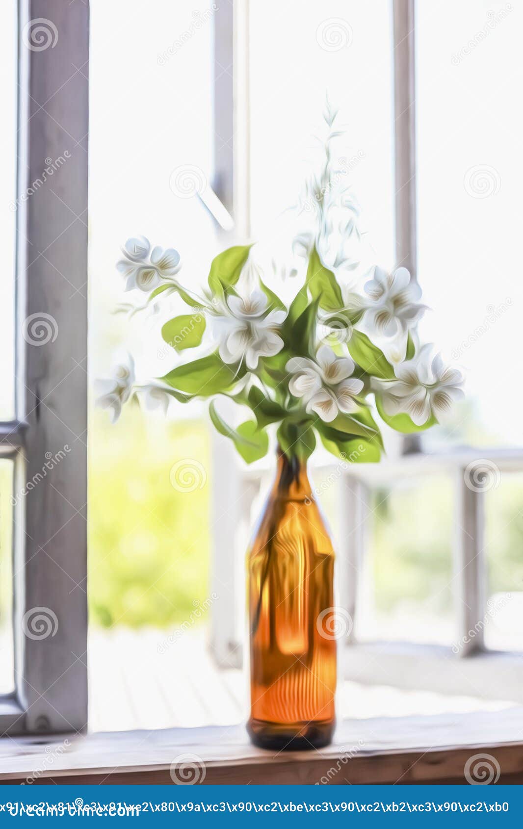 A Bottle with Blooming Jasmine Branches by the Window in a Rustic House ...