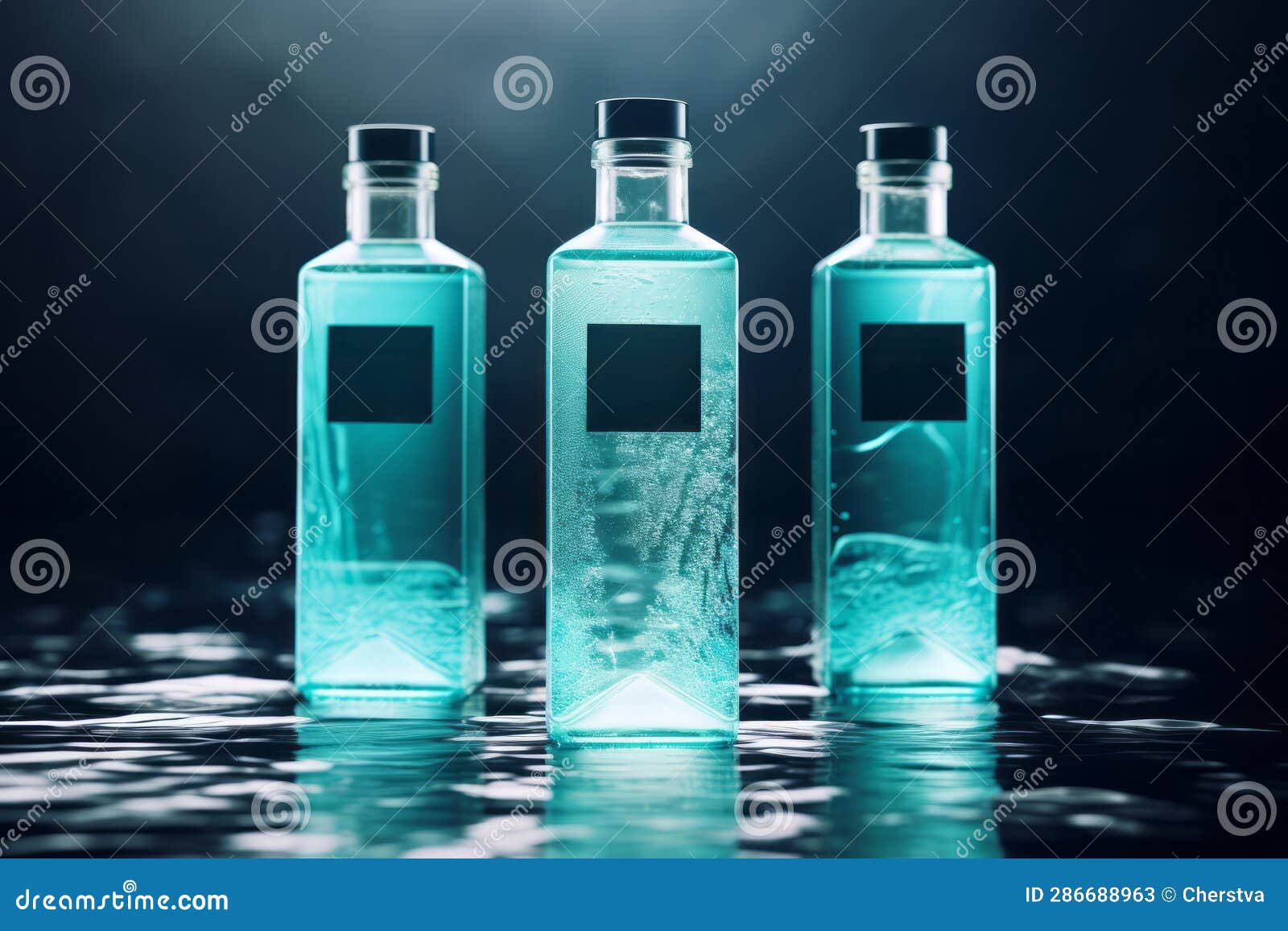 Bottle with Blue Liquid Standing on Wet Table Surface on Dark ...
