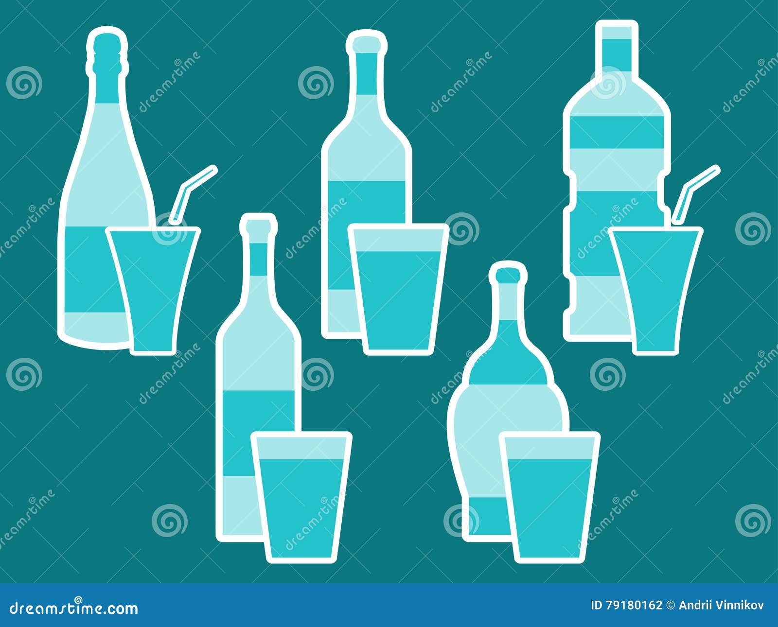 Bottle. Bottle of Water. Bottle with Stroke, Glass with Drinking Straw ...