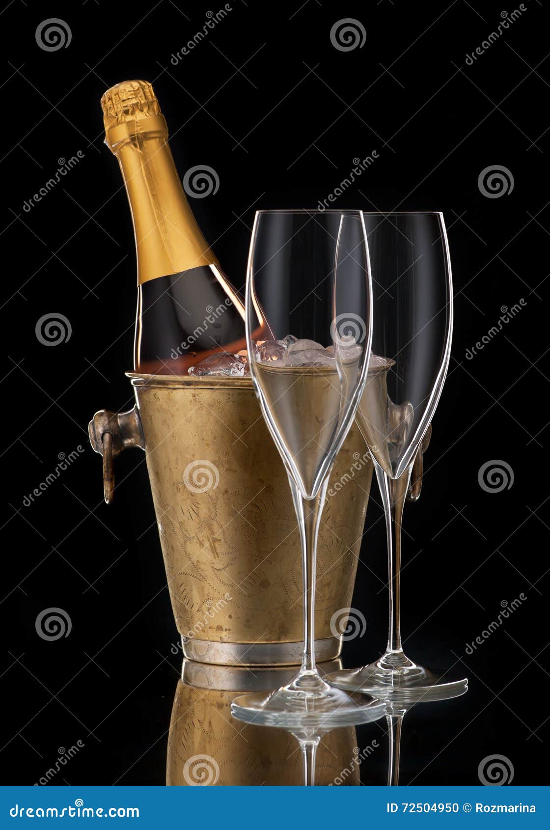 Bottle Champagne in a Bucket and Two Glasses Stock Photo - Image of ...