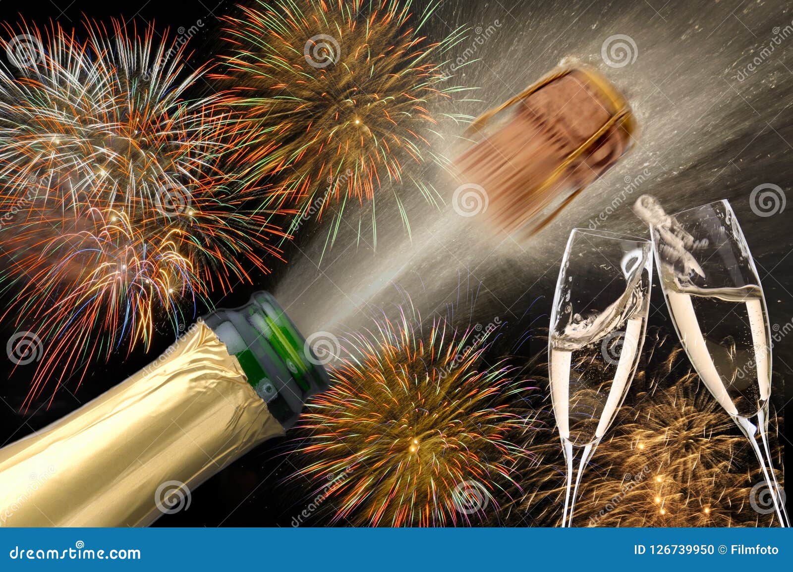 Bottle of Champagne with Flying Cork and Firework at Silvester 2019 ...