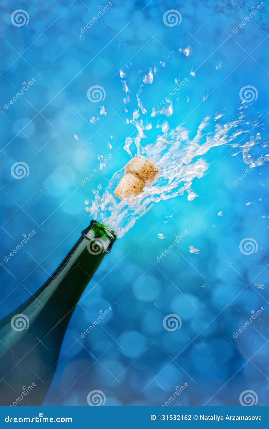 Bottle of Champagne with a Flying Cork and Spray Stock Photo - Image of ...
