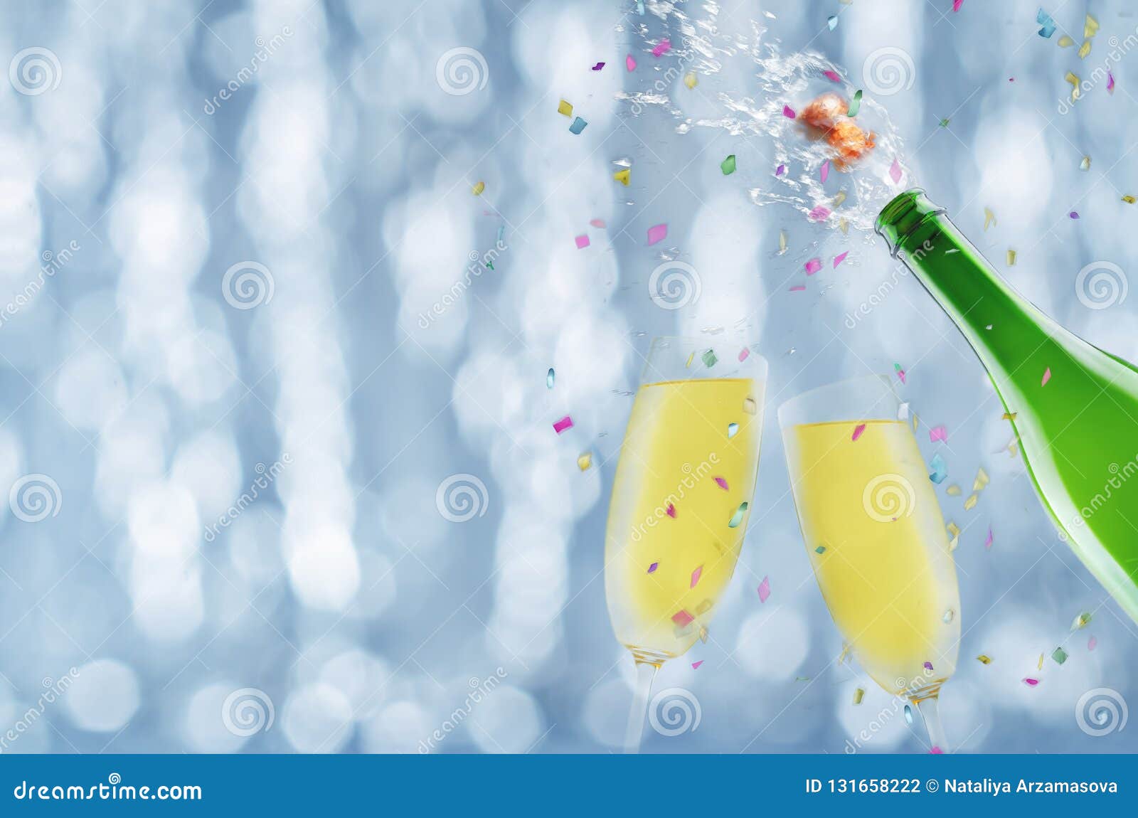 Bottle of Champagne with a Flying Cork and Spray Stock Photo - Image of ...