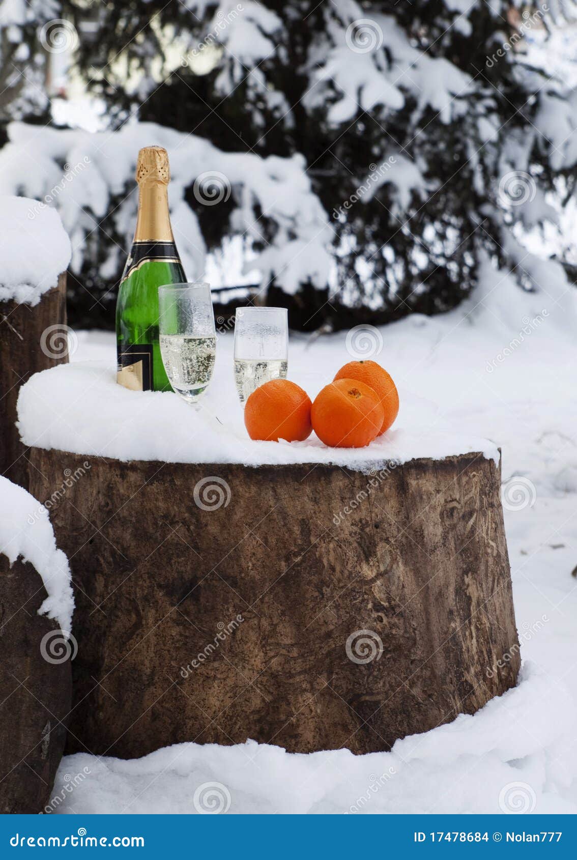 Bottle of Champagne, Glasses, Oranges on To Snow Stock Photo - Image of ...