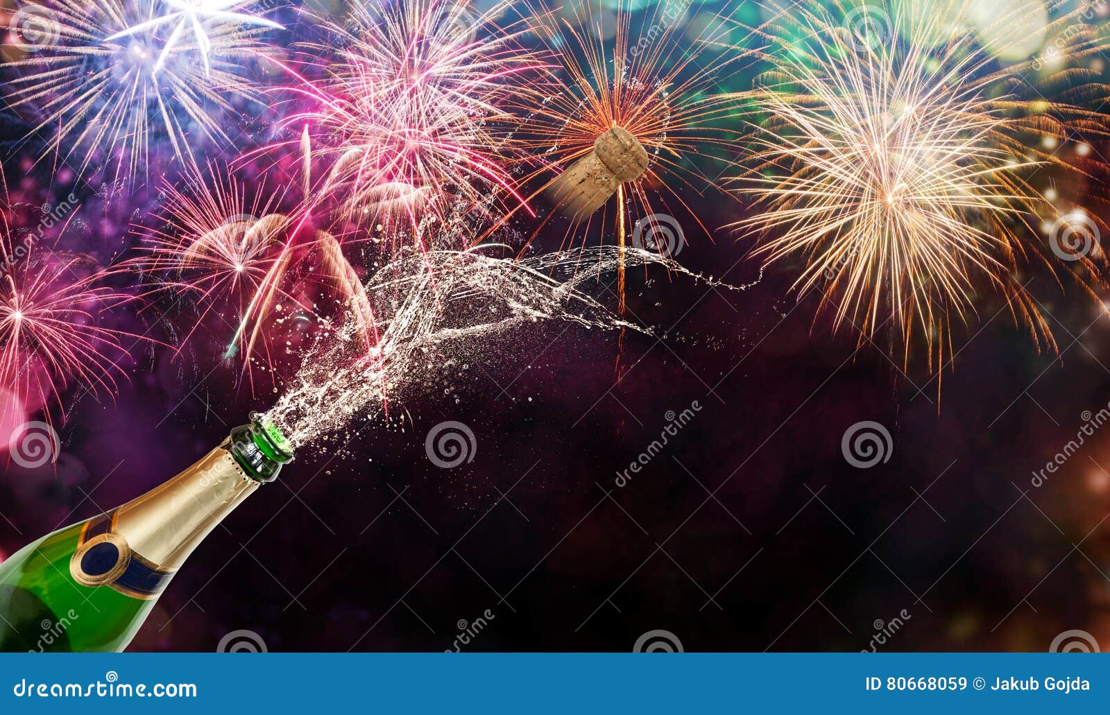 Bottle of Champagne Over Fireworks Background Stock Image - Image of ...