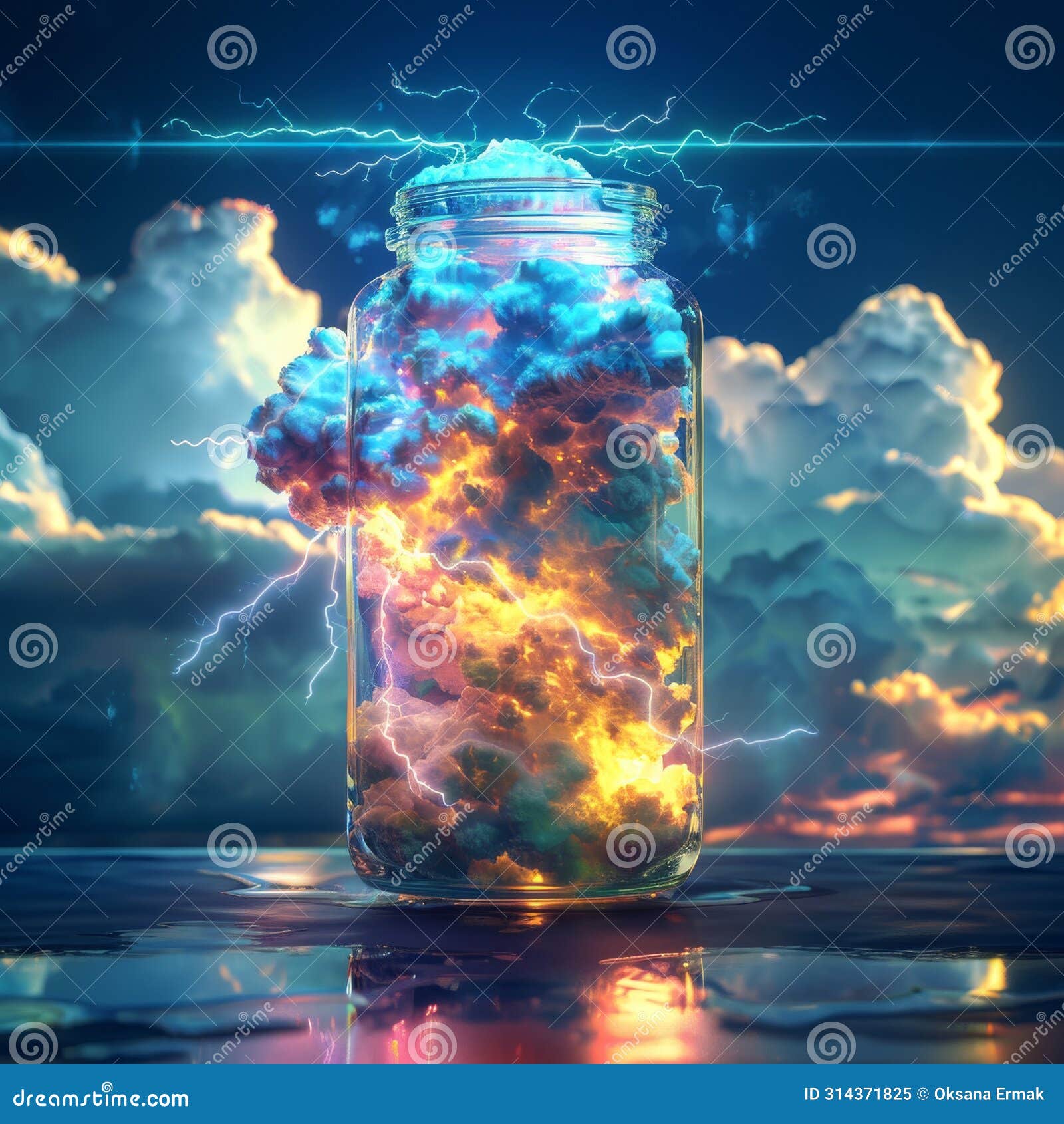 Bottle with Clouds and Lightning, Glass Jar with Colored Clouds Stock ...